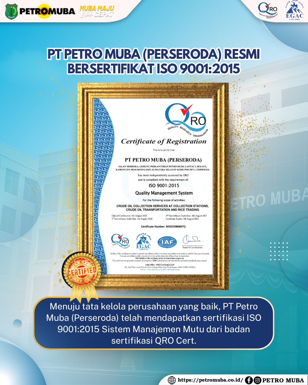PT Petro Muba (Perseroda) Resmi Bersertifikat ISO 9001:2015 - PT. Petro Muba (Perseroda)